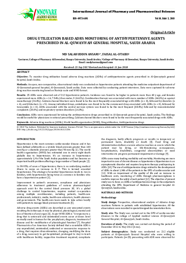 (PDF) DRUG UTILIZATION BASED ADRS MONITORING OF ANTIHYPERTENSIVE AGENTS ...