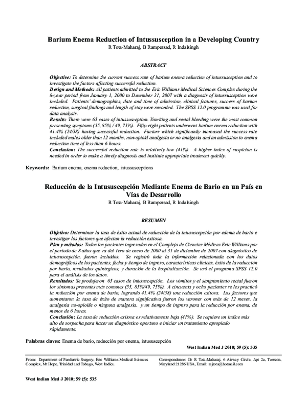 (PDF) Barium enema reduction of intussusception in a developing country