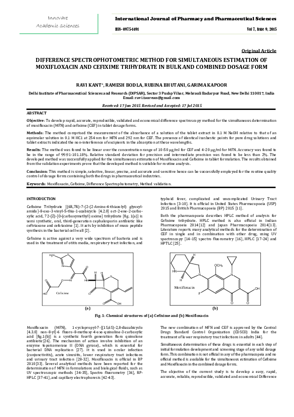 (PDF) Difference Spectrophotometric Method for Simultaneous Estimation of Moxifloxacin and ...