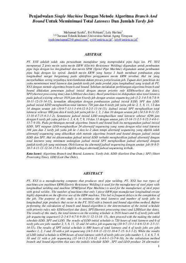 (PDF) Penjadwalan Single Machine Dengan Metode Algoritma Branch And Bound Untuk Meminimasi Total ...