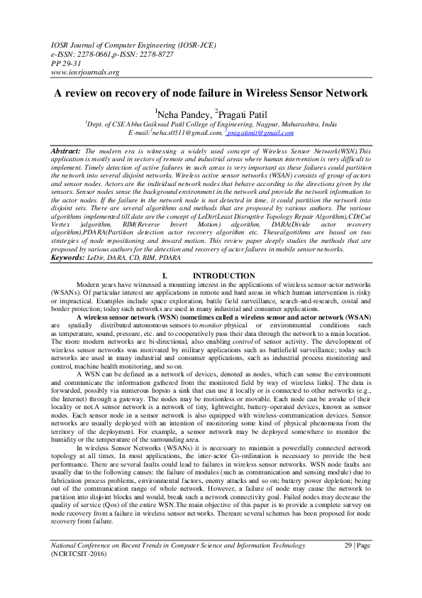 (PDF) A review on recovery of node failure in Wireless Sensor Network | Pragati Patil - Academia.edu