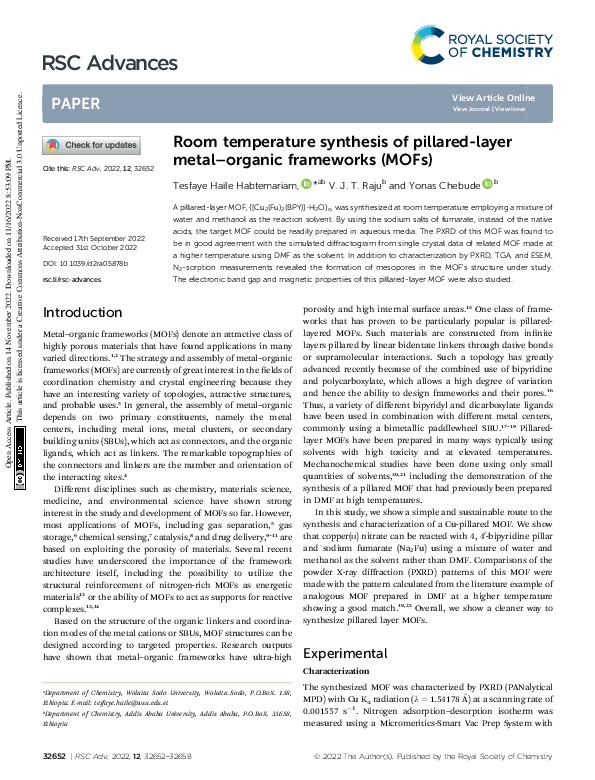 (PDF) Room temperature synthesis of pillared-layer metal–organic frameworks (MOFs)