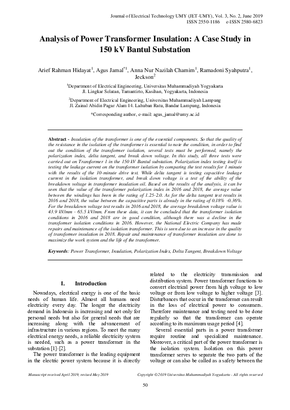 (PDF) Analysis of Power Transformer Insulation: A Case Study in 150 kV Bantul Substation
