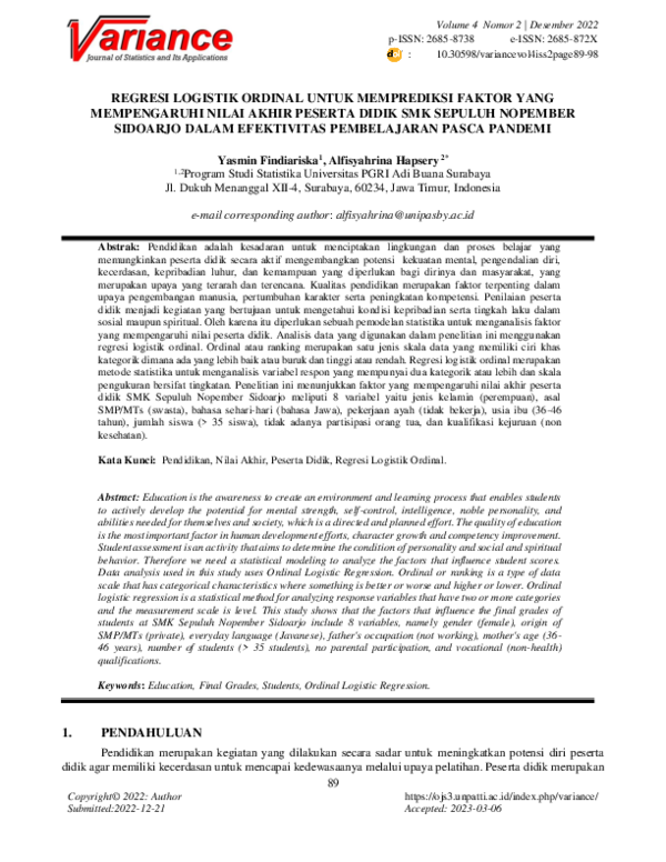 (PDF) Regresi Logistik Biner Untuk Memprediksi Faktor Yang Mempengaruhi Nilai Akhir Peserta ...