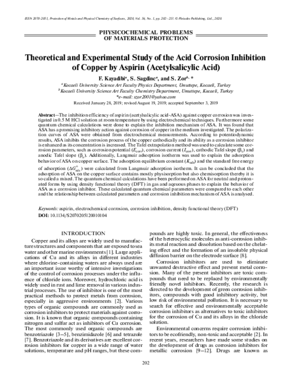 (PDF) Theoretical and Experimental Study of the Acid Corrosion Inhibition of Copper by Aspirin ...