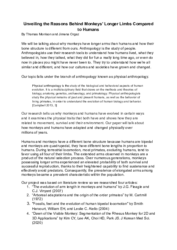 (PDF) Unveiling the Reasons Behind Monkeys' Longer Limbs Compared to Humans