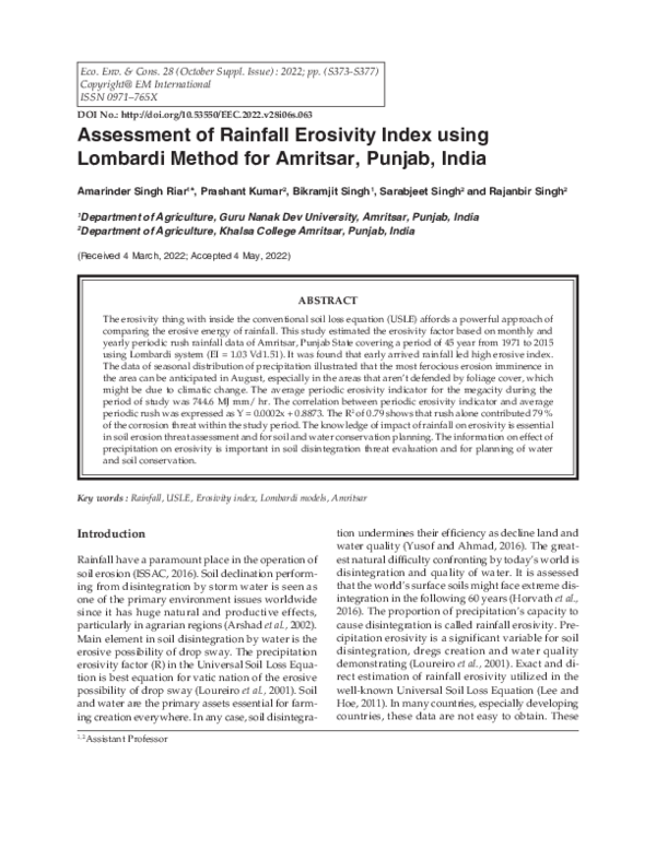 (PDF) Assessment of Rainfall Erosivity Index using Lombardi Method for Amritsar, Punjab, India