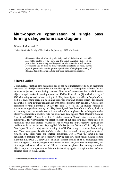 Pdf Multi Objective Optimization Of Single Pass Turning Using Performance Diagrams Miroslav 