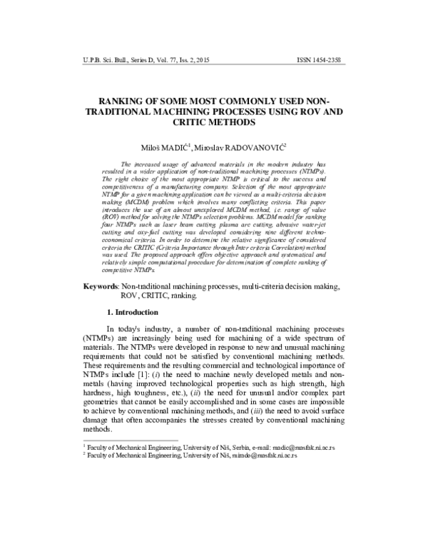 (PDF) Ranking of Some Most Commonly Used Non-Traditional Machining Processes Using Rov and ...