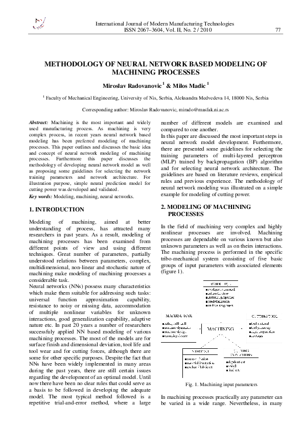 Pdf Methodology Of Neural Network Based Modeling Of Machining Processes