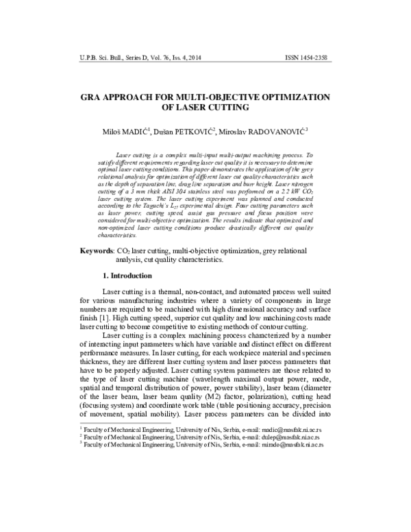 (PDF) Gra Approach for Multi-Objective Optimization of Laser Cutting