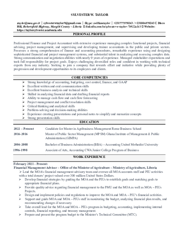 (PDF) RESUME SYLVESTER WILLIAM TAYLOR