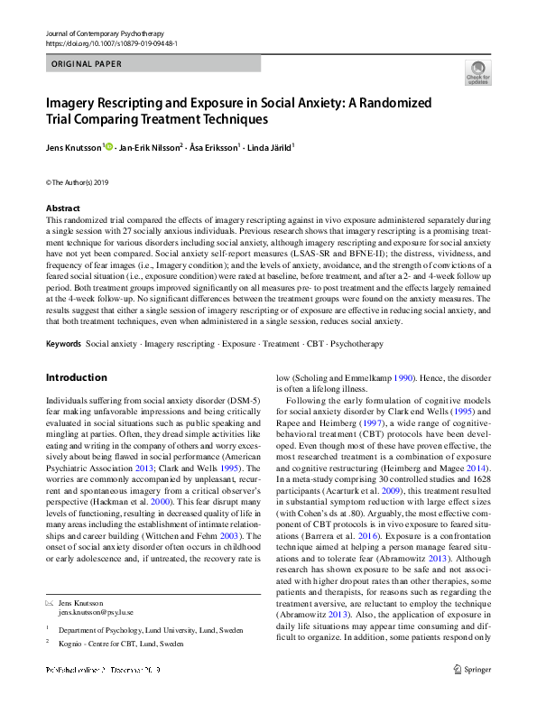 (PDF) Imagery Rescripting and Exposure in Social Anxiety: A Randomized Trial Comparing Treatment ...