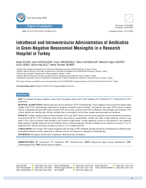 (PDF) Intrathecal and intraventricular administration of antibiotics in gram-negative nosocomial ...