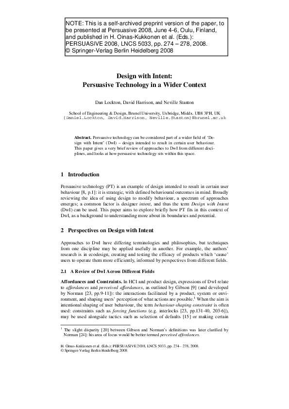 (PDF) Design with Intent: Persuasive Technology in a Wider Context