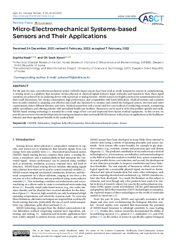 (PDF) Micro-Electromechanical Systems-based Sensors and Their Applications