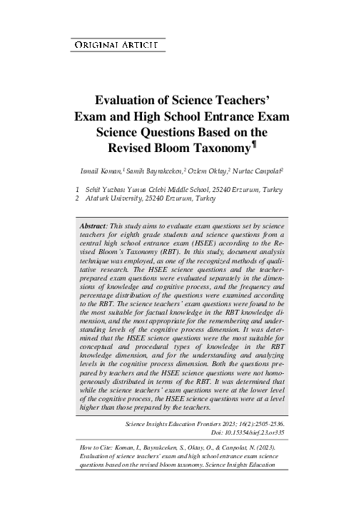 (PDF) Evaluation of Science Teachers’ Exam and High School Entrance ...