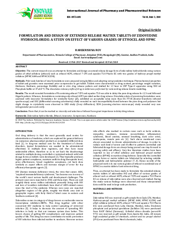 Pdf Formulation And Design Of Extended Release Matrix Tablets Of