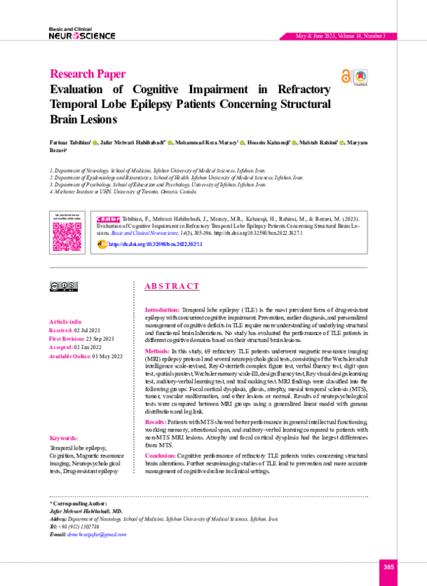 (PDF) Evaluation of Cognitive Impairment in Refractory Temporal Lobe Epilepsy Patients ...