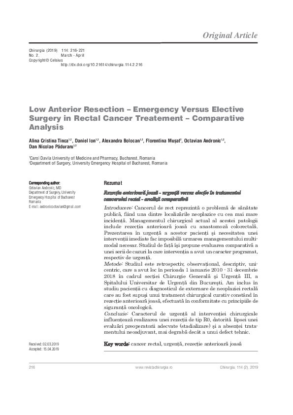 (PDF) Low Anterior Resection - Emergency Versus Elective Surgery in ...