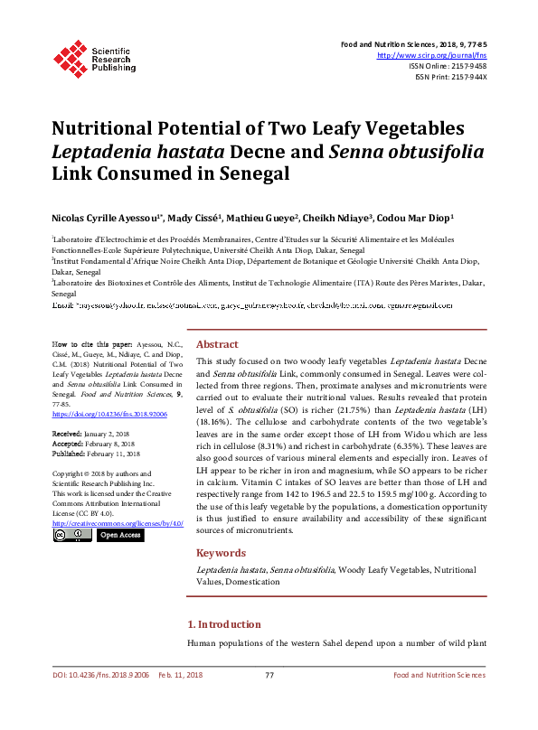 (PDF) Nutritional Potential of Two Leafy Vegetables Leptadenia hastata ...