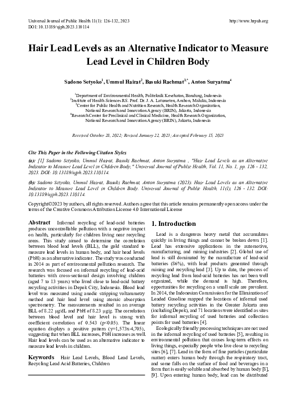 (PDF) Hair Lead Levels as an Alternative Indicator to Measure Lead ...