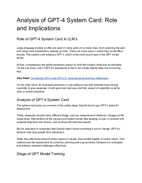 (PDF) Analysis of GPT-4 System Card: Role and Implications | SHIVENDRA PRATAP SINGH - Academia.edu