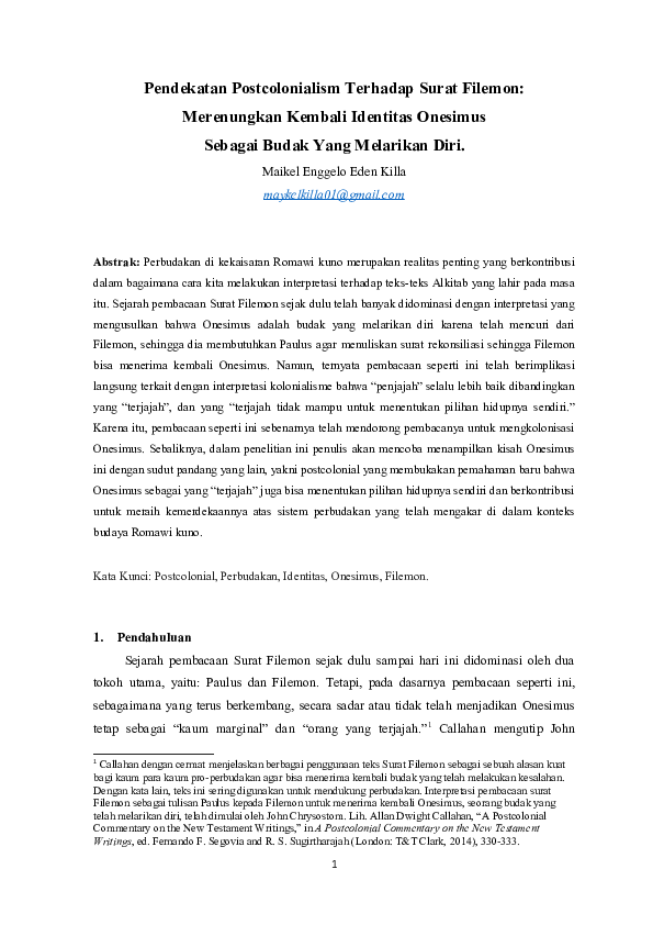 (DOC) Pendekatan Postcolonialism Terhadap Surat Filemon: Merenungkan ...