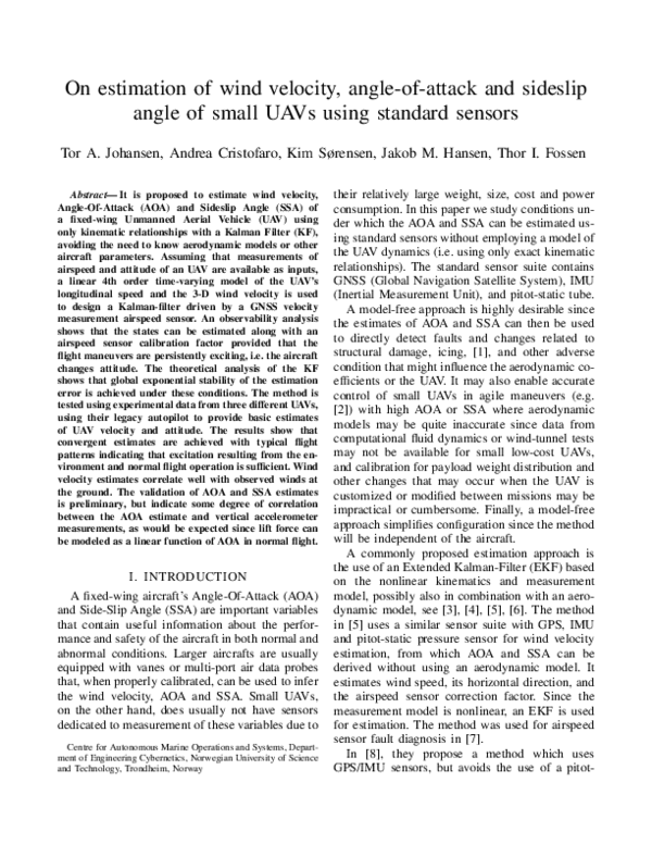 (PDF) On estimation of wind velocity, angle-of-attack and sideslip angle of small UAVs using ...