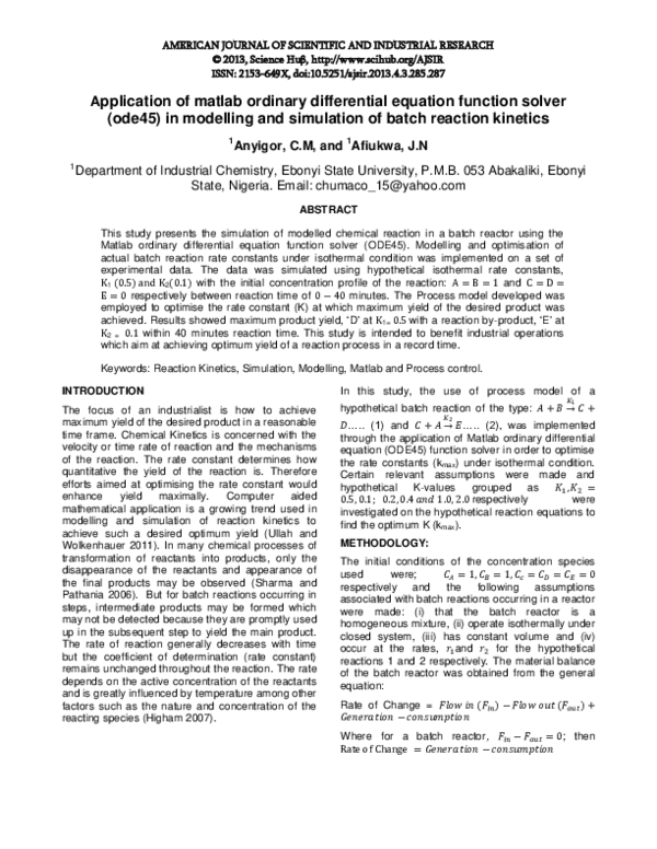 Pdf Application Of Matlab Ordinary Differential Equation Function