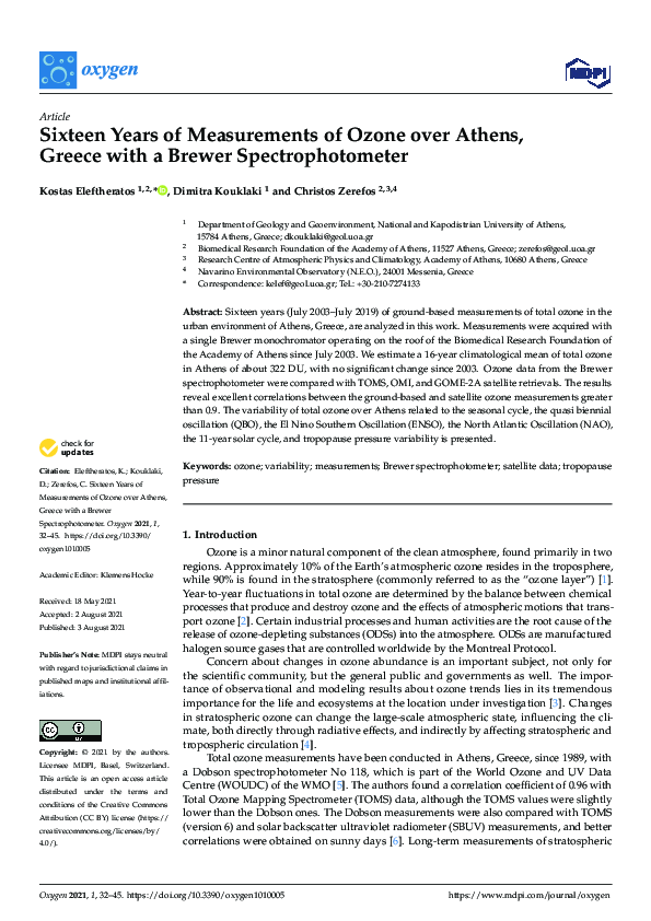 (PDF) Sixteen Years of Measurements of Ozone over Athens, Greece with a ...