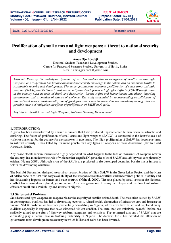 (PDF) Proliferation of small arms and light weapons: a threat to ...