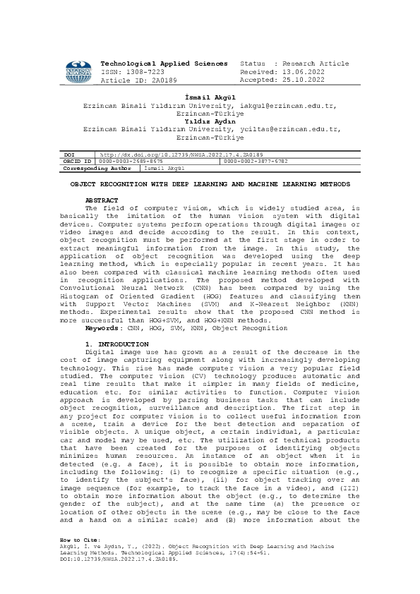 (PDF) Object Recognition with Deep Learning and Machine Learning ...