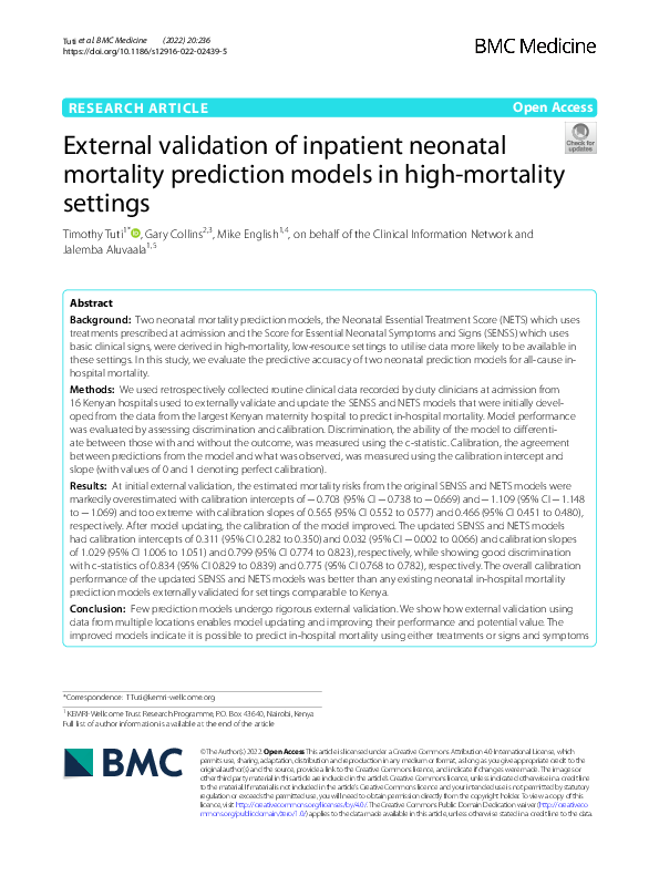(PDF) External validation of inpatient neonatal mortality prediction models in high-mortality ...