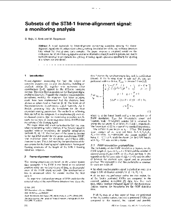 (PDF) Subsets of the STM-1 frame-alignment signal: a monitoring analysis