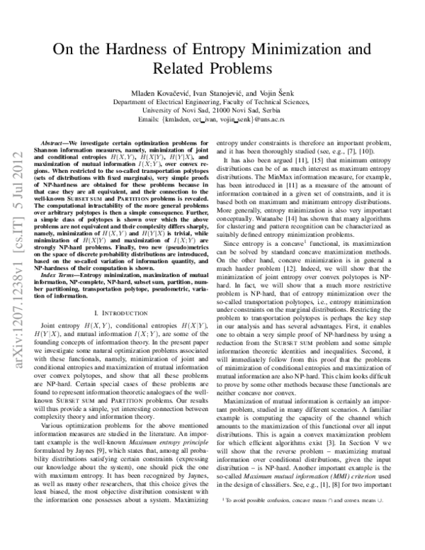 (PDF) On the hardness of entropy minimization and related problems