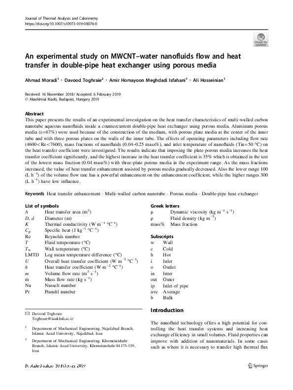 (PDF) An experimental study on MWCNT–water nanofluids flow and heat transfer in double-pipe heat ...
