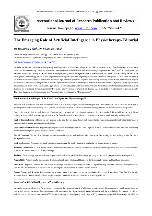 (PDF) The Emerging Role of Artificial Intelligence in Physiotherapy ...