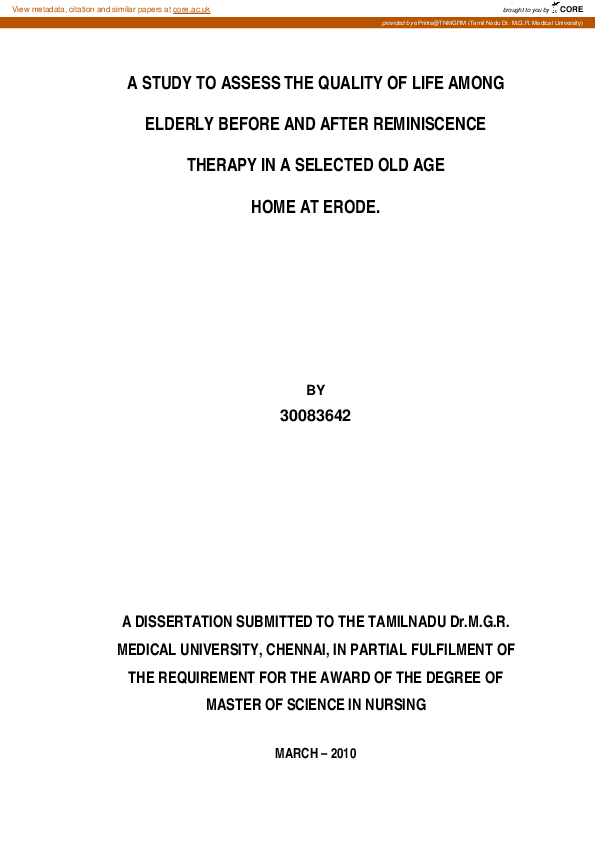 (PDF) A study to assess the quality of life among elderly before and after reminiscence therapy ...