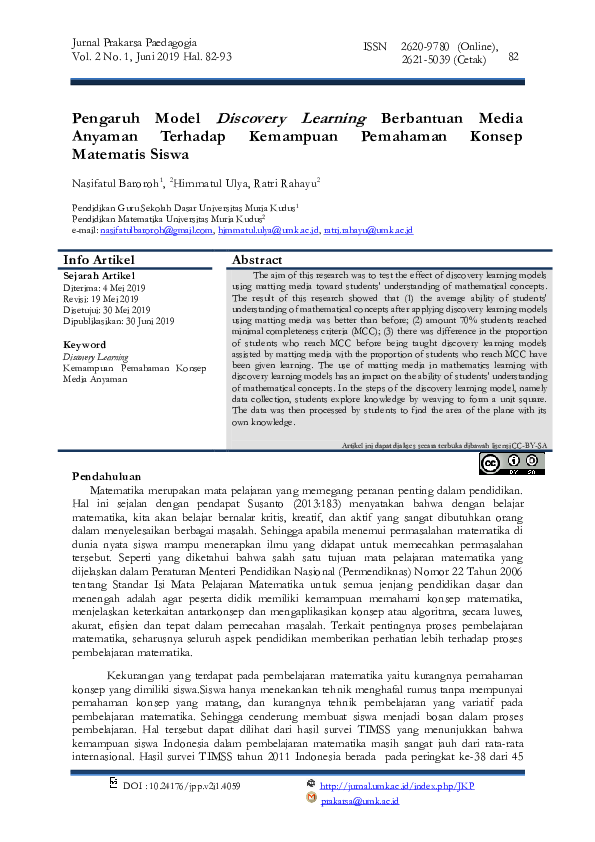 (PDF) Pengaruh Model Discovery Learning Berbantuan Media Anyaman Terhadap Kemampuan Pemahaman ...