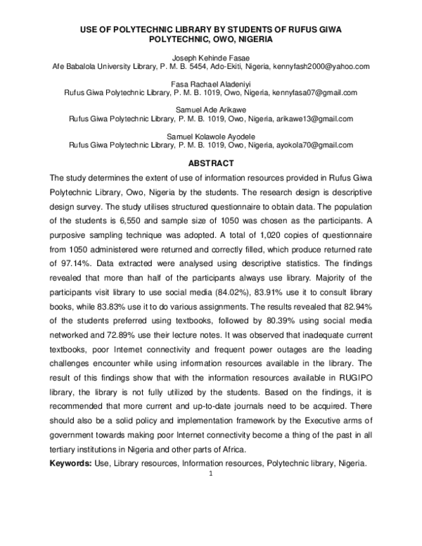 Use of Polytechnic Library by Students of Rufus Giwa Polytechnic, Owo ...