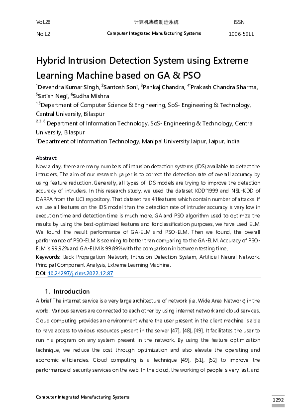 Pdf Hybrid Intrusion Detection System Using Extreme Learning Machine Based On Ga And Pso
