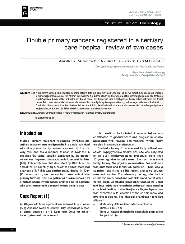 (PDF) Double primary cancers registered in a tertiary care hospital ...