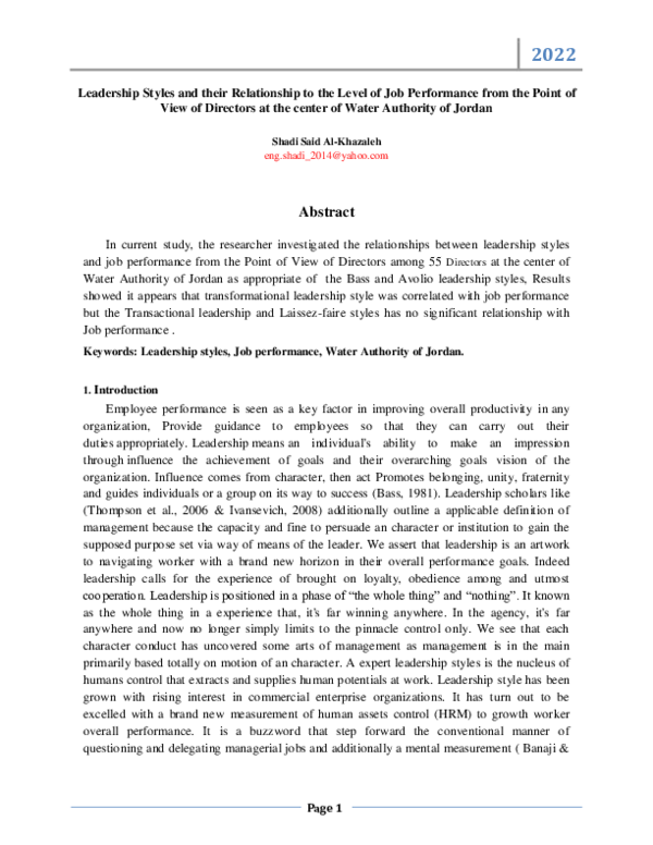 (PDF) Leadership Styles and their Relationship to the Level of Job ...