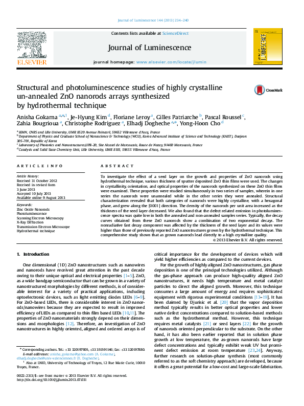 (PDF) Structural and photoluminescence studies of highly crystalline un-annealed ZnO nanorods ...