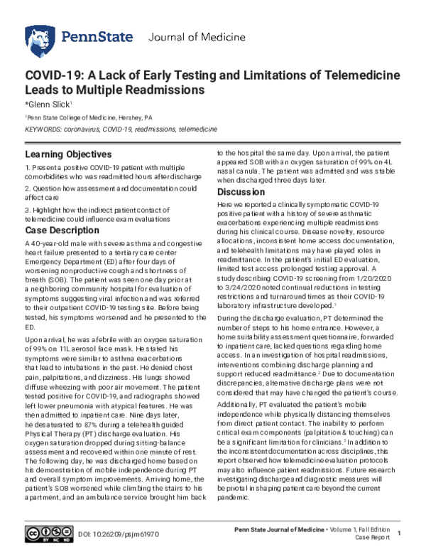(PDF) COVID-19: A Lack of Early Testing and Limitations of Telemedicine ...