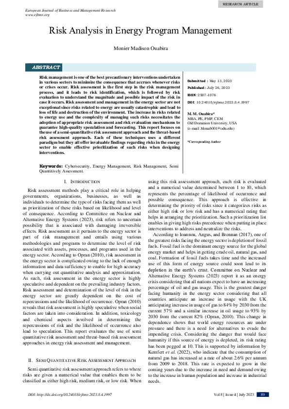 (PDF) Risk Analysis in Energy Program Management