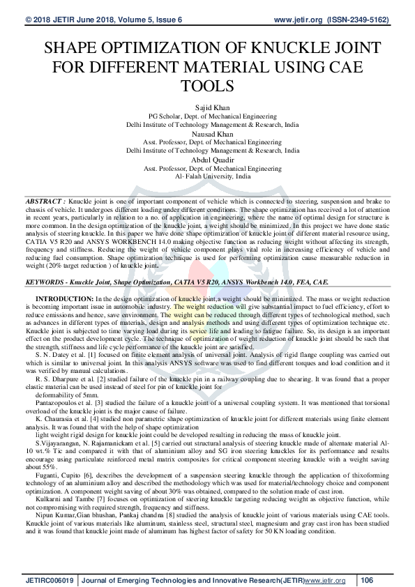 (PDF) Shape Optimization of Knuckle Joint for Different Material Using Cae Tools | Abdul Quadir ...