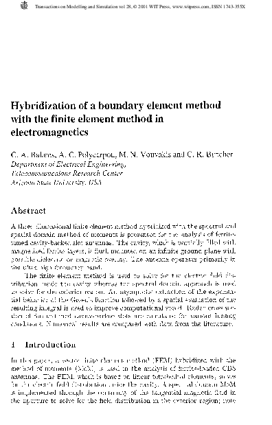 Pdf Hybridization Of A Boundary Element Method With The Finite Elementmethod In Electromagnetics