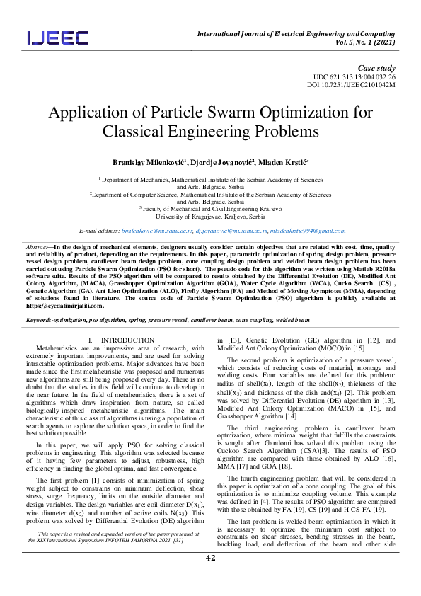 (PDF) Application of Particle Swarm Optimization for Classical Engineering Problems